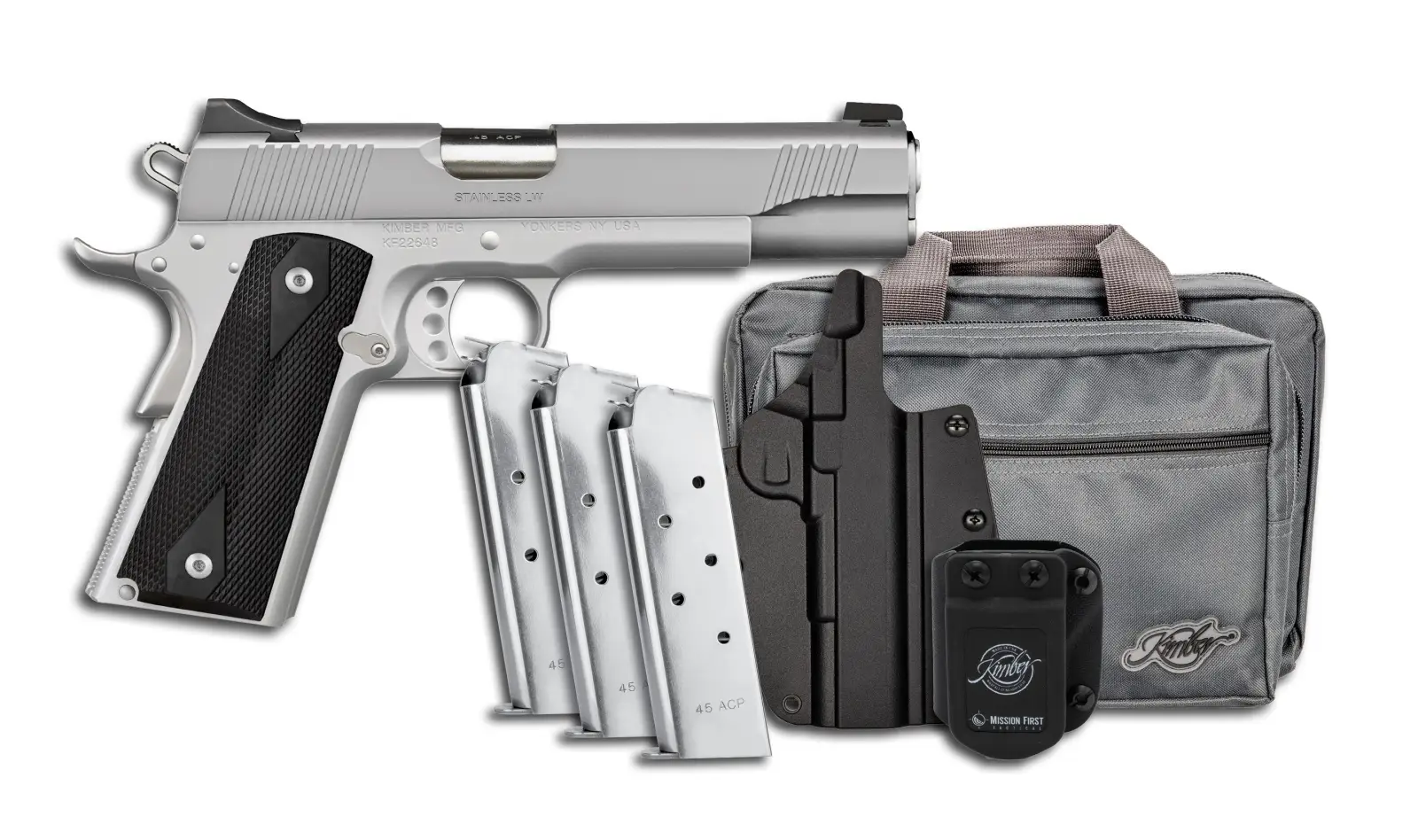 KIMBER 1911 CUSTOM LW BUNDLE 45ACP STS 3-7RD MAGS, MFT HLSTR, MFT MAG ...
